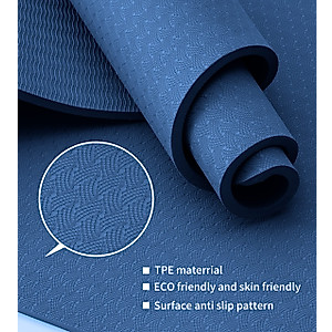 nuveti TPE Large Yoga Mat Non-Slip Exercise Fitness Mat with Carry Bag Eco Friendly Yoga Mats for Women 72"x24" Extra Thick 8mm for Home, Pilates and Floor Exercises Workout Mats DarkBlue