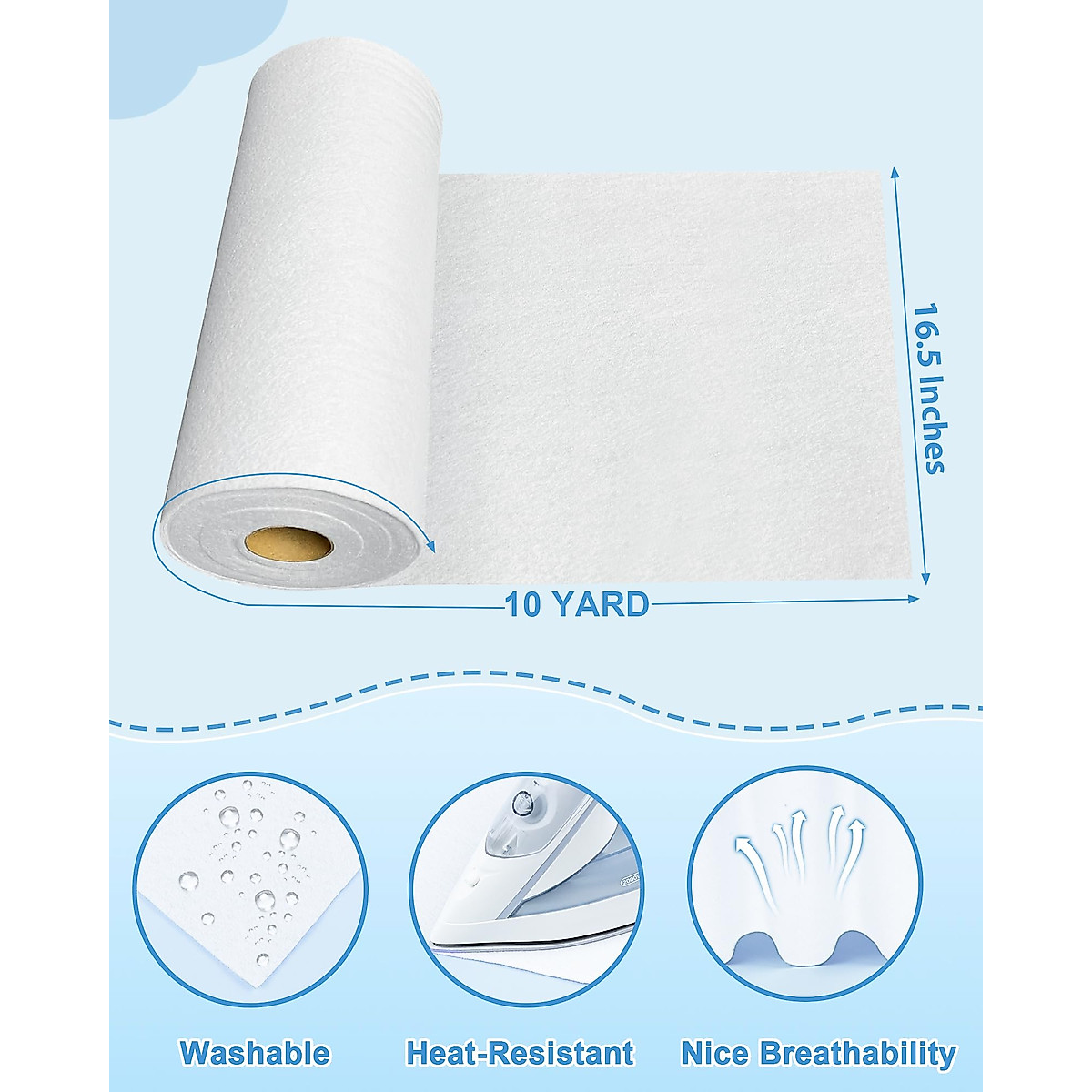 PLANTIONAL Iron-On Fusible Fleece Interfacing: 16.5 Inches x 10 Yards Light Weight Single-Sided Loft Iron On Fusible Fleece White for Sewing Crafting and Home Decor