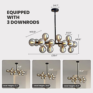 CROSSIO 16 Lights Mid Century Modern Chandelier Black Linear Chandelier Light Fixture Glass Globe Sputnik Pendant Light for Dining Room Kitchen Farmhouse (Smoke Gray Lampshade)