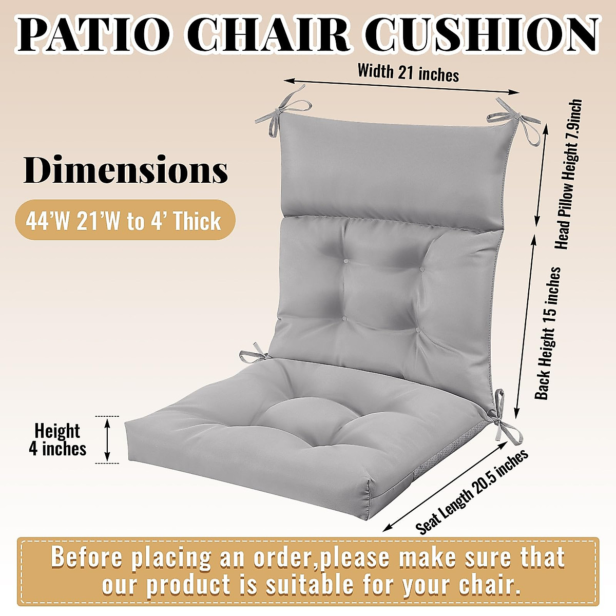 Sintuff 44 x 21 x 4 Patio Chair Cushions Outdoor Chair Cushions Seat/Back Tufted Pillow with Ties All Weather Replacement Indoor Patio Furniture Outdoor Furniture(Light Gray,4 Pcs)