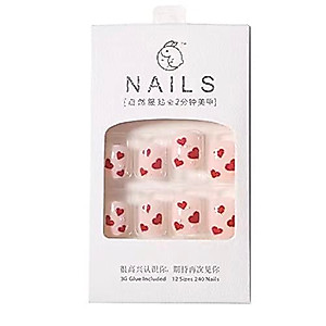 24pcs Valentine's Day Press on Nail Short Red Heart Fake Nail with White Peal Design Full Cover False Nail for Women Stciker on Nail wirh Glue red nail for Acrylic Nails Manicure Tip