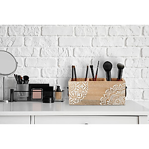 Eximious India Bathroom Decor Wooden 3 Compartment Silverware Holder Utensil and Cutlery Caddy Makeup Organizer for Parties Countertop for Spoon Fork and Knife Basket 10 x 4.5 x 5 Inches (MI03)