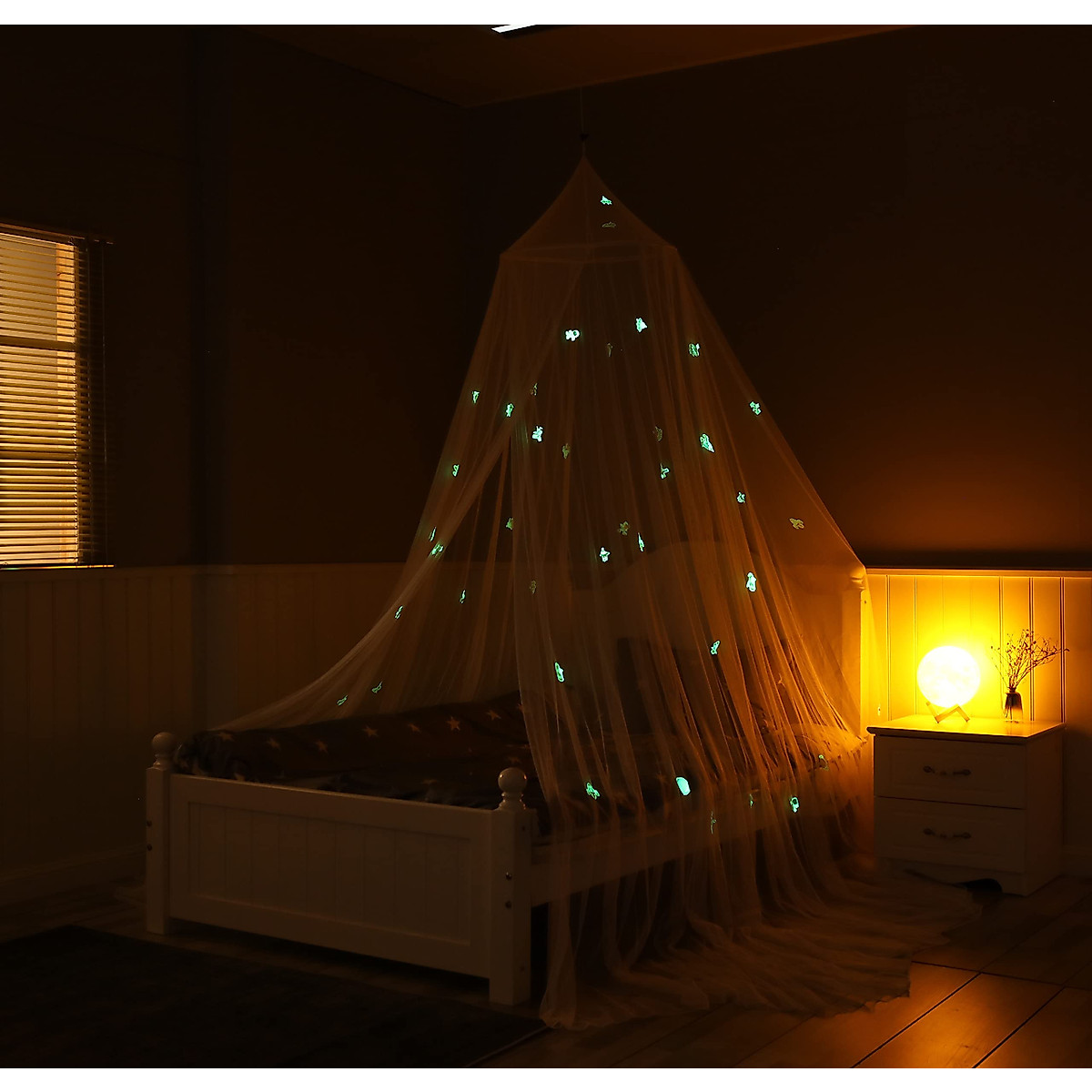 NFGMFMQSHDF Bed Canopy with Glow in The Dark Spaceworld, Modern White Bed Curtain for Girls, Kids & Babies, Fire Retardant Fabric