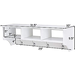 Byroce Wall Mounted Storage Cabinet, Floating Display Cabinet with 4 Dual Hooks and 3 Open Compartments, Hanging Shelf, Wall Cubby Organizer, Perfect for Entryway, Hallway, Living Room (White)