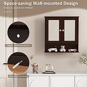 Byroce Bathroom Medicine Cabinet, Bathroom Wall Cabinet with 2 Mirror Doors & Adjustable Shelf, Over Toilet Storage, Wood Wall Mounted Storage Cabinet for Laundry Room, Living Room, Kitchen (Brown)
