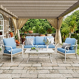 MIXPATIO 4 Piece Patio Furniture Set, 2 x Fixed Chair, 1 x 3-Seat Sofa with Marbling Coffee Table, All Cushioned 5 Seats Outdoor Conversation Set for Lawn Garden Backyard, Blue