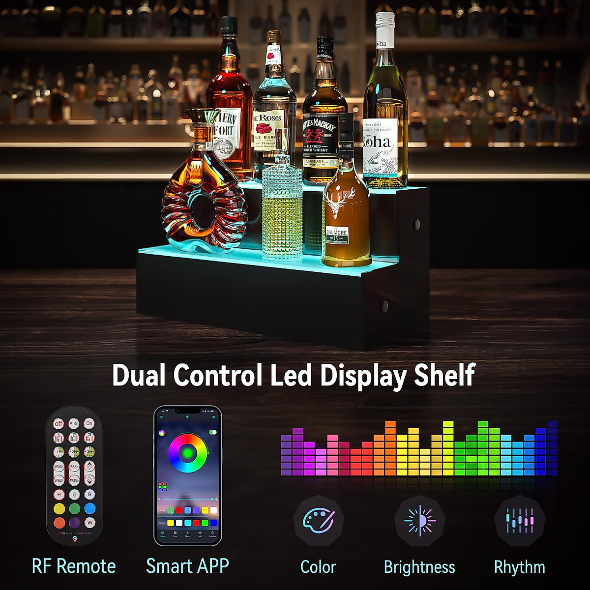Warmiehomy LED Lighted Liquor Bottle Display Shelf, 16" 2 Step Acrylic Bar Shelves for Liquor Bottles, Alcohol Whiskey Shelves with Smart App & Remote Dual Control for Home Commercial Bar Drinks