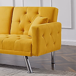Eafurn Linen Upholstered Convertible Folding Futon Bed, Button Tufted Loveseat Compact Living Space, Apartment, Dorm, Bonus Room w/Metal Legs, 2 Cupholders,Comfy Sofa & Couches, Yellow 75.59"
