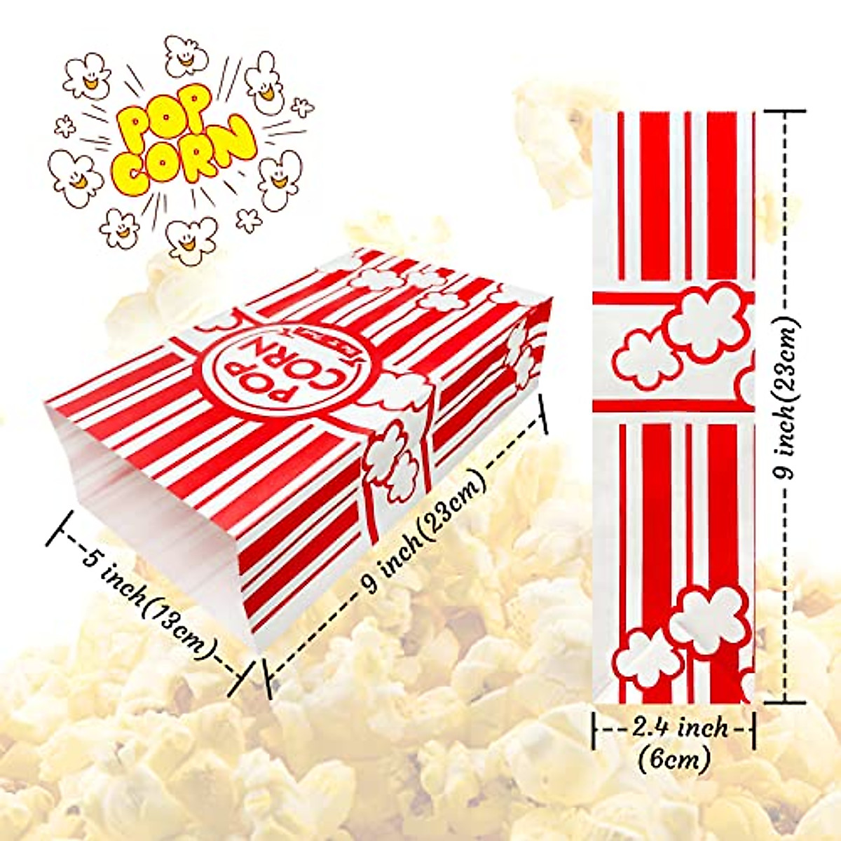 YESMONA 50 Pcs Flat Bottom Popcorn Bags, 2 oz Paper Popcorn Bags for Family Movie Night Baseball Themed Carnival Christmas Birthday Party …