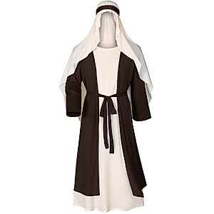 Irtysh Mens Biblical Saint Joseph Costume Jesus Robe Sherherd Costume Staffs Headwrap Hat Waist Rope Set(Brown M)