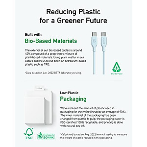 Anker 543 USB C to USB C Cable (140W 6ft), USB 2.0 Bio-Based Charging Cable for MacBook Pro 2020, iPad Pro 2020, iPad Air 4, Samsung Galaxy S21, and More (Misty Blue)