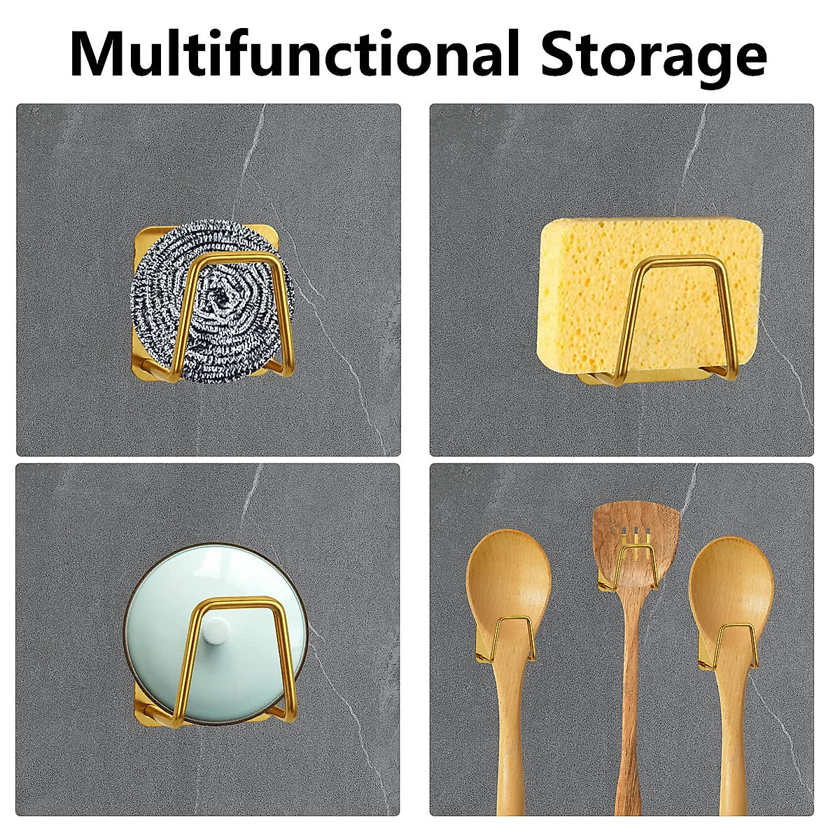 Blueden 2Pcs Adhesive Sponge Holder for Kitchen Sink Essentials,Stainless Steel Dish Sponge Holder for Sink Soap Sponge Holder,Rustproof and Waterproof, Quick Drying, Minimal Size Save Sink Space,Gold