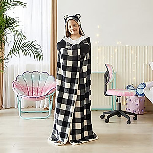 Dearfoams Black and White Buffalo Check Printed Royal Plush with Sherpa Reverse Adult Hooded Throw, 50"x60"