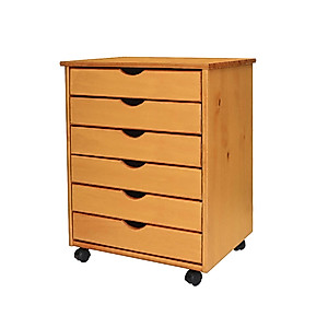 Adeptus Original Roll Cart, Solid Wood, 6 Drawer Extra Wide Drawers Roll Carts, Medium Pine
