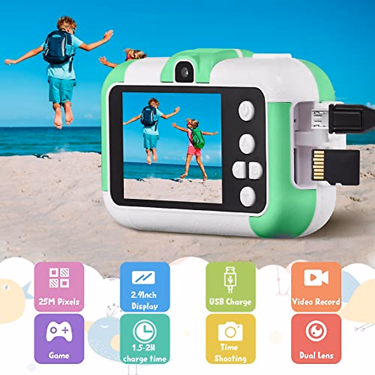 SunChen Kids Camera for Girls Boys 3-10 Years,Children Digital Camera Christmas Birthday Gifts for Boys and Girls,2.4 Inch 1080p Dual Lens Kid Video Camera Toys (32G) -Green