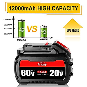 DSANKE DCB612 12.0Ah 20V/60V/120V MAX Lithium Replacement Battery for DeWalt DCB606 DCB612 DCB606-2 DCB609 DCB609-2 DCB204 DCB205 DCB206 20V/60V/120V MAX Cordless Power Tools