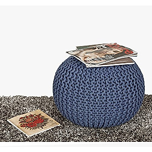 RAJRANG BRINGING RAJASTHAN TO YOU Cotton Stuffed Pouf Hand Knitted Braided Cotton Cord Round Ottoman Bedroom Decorative Seating Blue 20 x 14 Inch