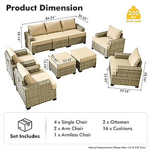 CAODOC 9 Piece Patio Furniture All Weather 9-Seater Outdoor Sectional Sofa with Outdoor Chairs Ottomans for Porch,Garden,Backyard,Deck(Beige)