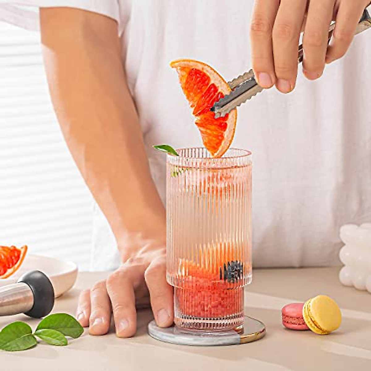 Claplante Drinking Glasses, Origami Style 6 pcs Glass Cups with straw, 11oz Highball Glasses, Elegant Ripple Vintage Glassware, Ribbed Glasses, Iced Coffee Glasses Ideal for Cocktail Whiskey, Juice