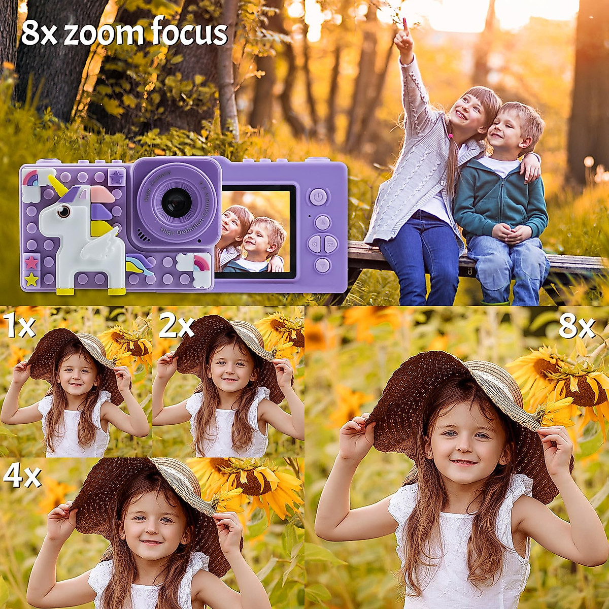 Kids Camera for Boys and Girls, Children Digital Video Toy Camera with Unicorn Silicone Building Blocks, Selfie Camera for Kids, Christmas Birthday Festival Gifts for Age above 6 with 32GB SD Card