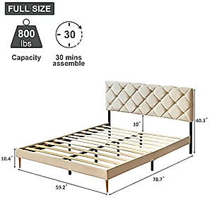 AsKmore Full Size Bed Frame,Velvet Upholstered Platform with Headboard and Strong Wooden Slats,Non-Slip and Noise-Free,No Box Spring Needed, Easy Assembly,Beige