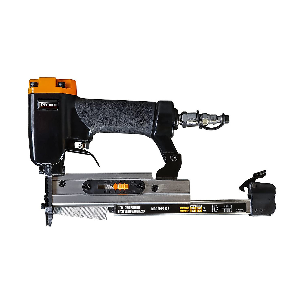Freeman PP123 Pneumatic 23-Gauge 1" Micro Pinner Ergonomic and Lightweight Nail Gun with Safety Trigger and Pin Size Selector for Crafts, Moulding, and Picture Frames