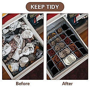 Sock Drawer Organizer Divider 2 Pack Socks Organizer with Lid 30 Cell Foldable Closet Sock Storage Divider Tie Storage Underwear Storage Boxes for Storing Socks Ties Bra Handkerchiefs Belts (Gray)
