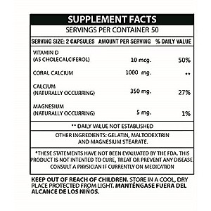 Calcio de Coral Set de 2 frascos con 100 capsulas CADA uno. Reforzado con Vitamina D y Magnesio.Combate: Cansancio, Dolor de huesos, insomnio, Calambres, Artritis. 100% Natural.