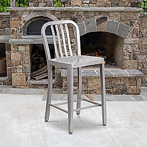 Flash Furniture Commercial Grade 24" High Silver Metal Indoor-Outdoor Counter Height Stool with Vertical Slat Back