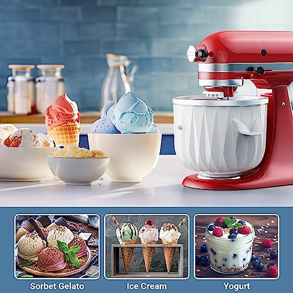 Ice Cream Attachment for Kitchenaid - 2 Quart Frozen Ice Cream & Sorbet Gelato Maker for Kitchenaid Ice Cream Maker Attachment Compatible 4.5 Qt and Larger Stand Mixers with Silicone Spatula by Cofun