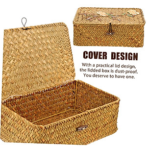 Straw Embroidery Box Rattan Storage Basket Seagrass Storage Basket Bins Wicker Storage Baskets with Lids Laundry Baskets with Lid Desktop Toy Case Container Iron With Cover