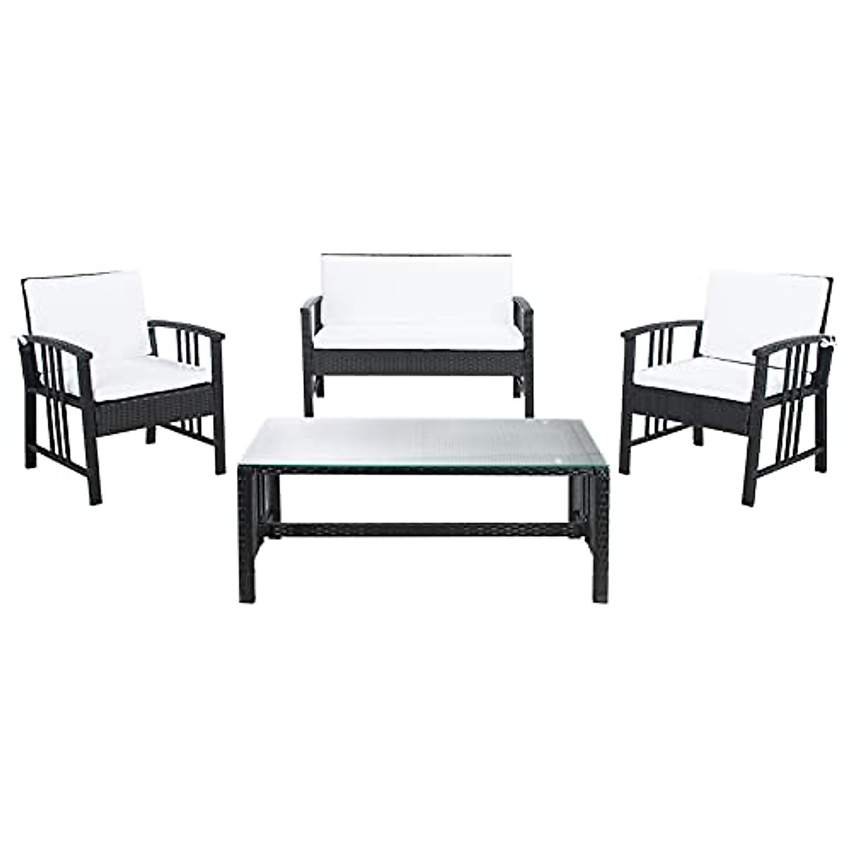 SAFAVIEH Outdoor Collection Reslor Wicker Cushion 4-Piece Living Set PAT7713A, Black/White