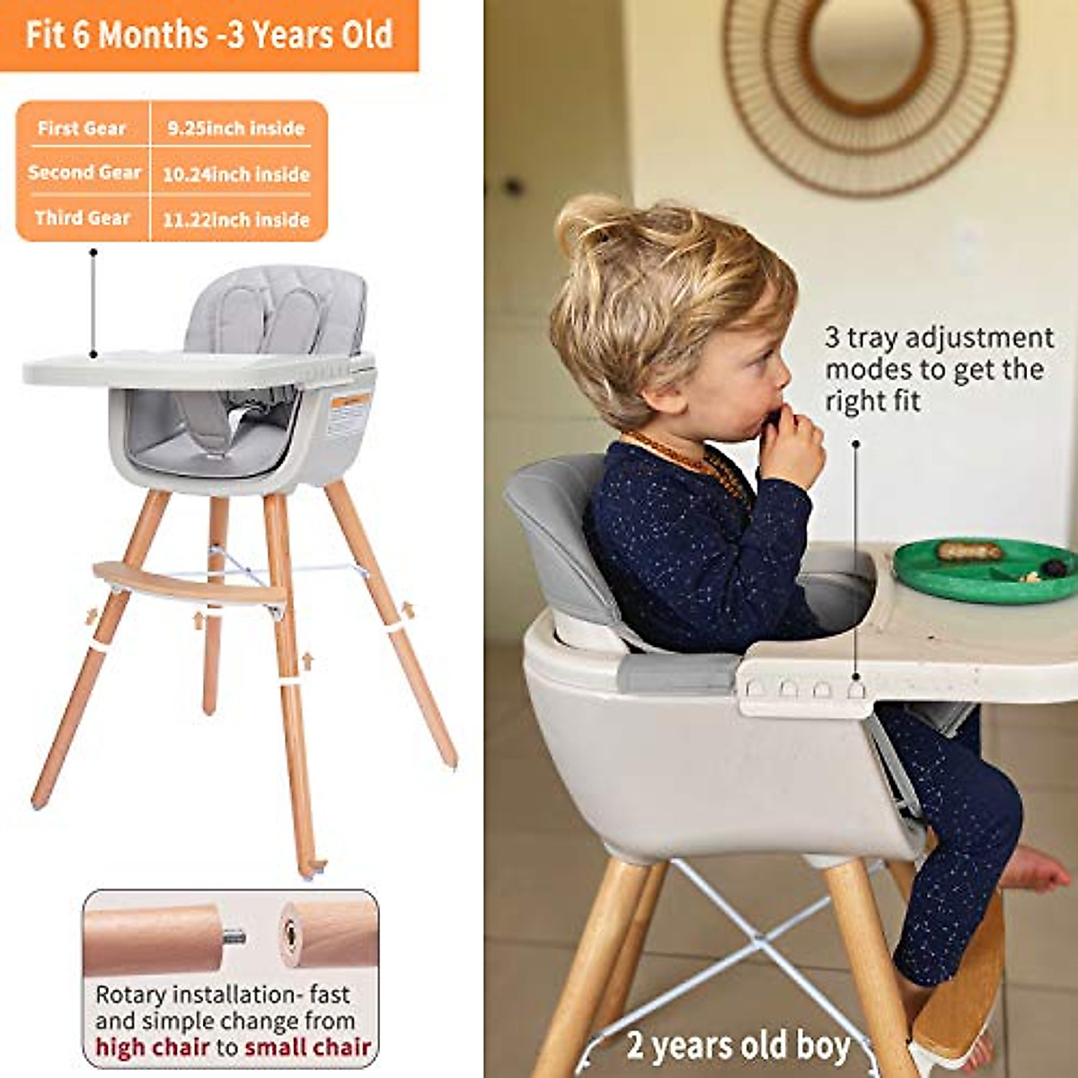 3-in-1 Convertible Wooden High Chair,Baby High Chair with Adjustable Legs & Dishwasher Safe Tray, Made of Sleek Hardwood & Premium Leatherette, Mid Grey