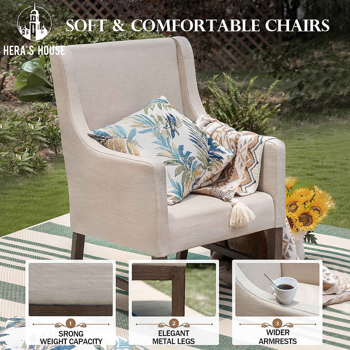 HERA'S HOUSE 7-Piece Outdoor Dining Set, Patio Dining Furniture Set for 6, 64" Rectangular Faux Woodgrain Metal Table with 6 Cushioned Patio Chairs, Patio Table and Chairs for Garden Lawn Backyard