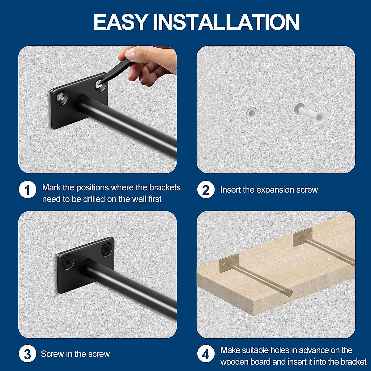 MHMYDZ 8 Pcs 6" Black Solid Steel Floating Shelf Bracket Blind Shelf Supports - Hidden Brackets for Floating Wood Shelves - Concealed Blind Shelf Support – Screws and Wall Plugs Included