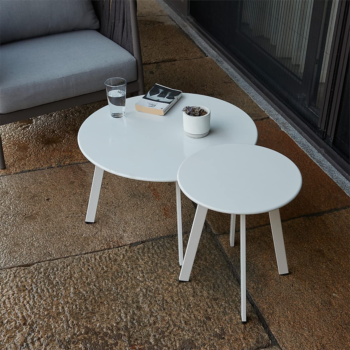 Meluvici Patio Coffee Table Set of 2, Weather Resistant Outdoor Round End Table, Nesting Tables for Living Room Balcony Office, White