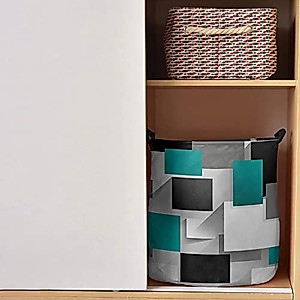 Teal Geometry Large Laundry Basket, Waterproof Laundry Hamper for Baby Clothes, Modern Abstract Art Ombre Black Grey Foldable Laundry Baskets with Handles, 16.5''x17''