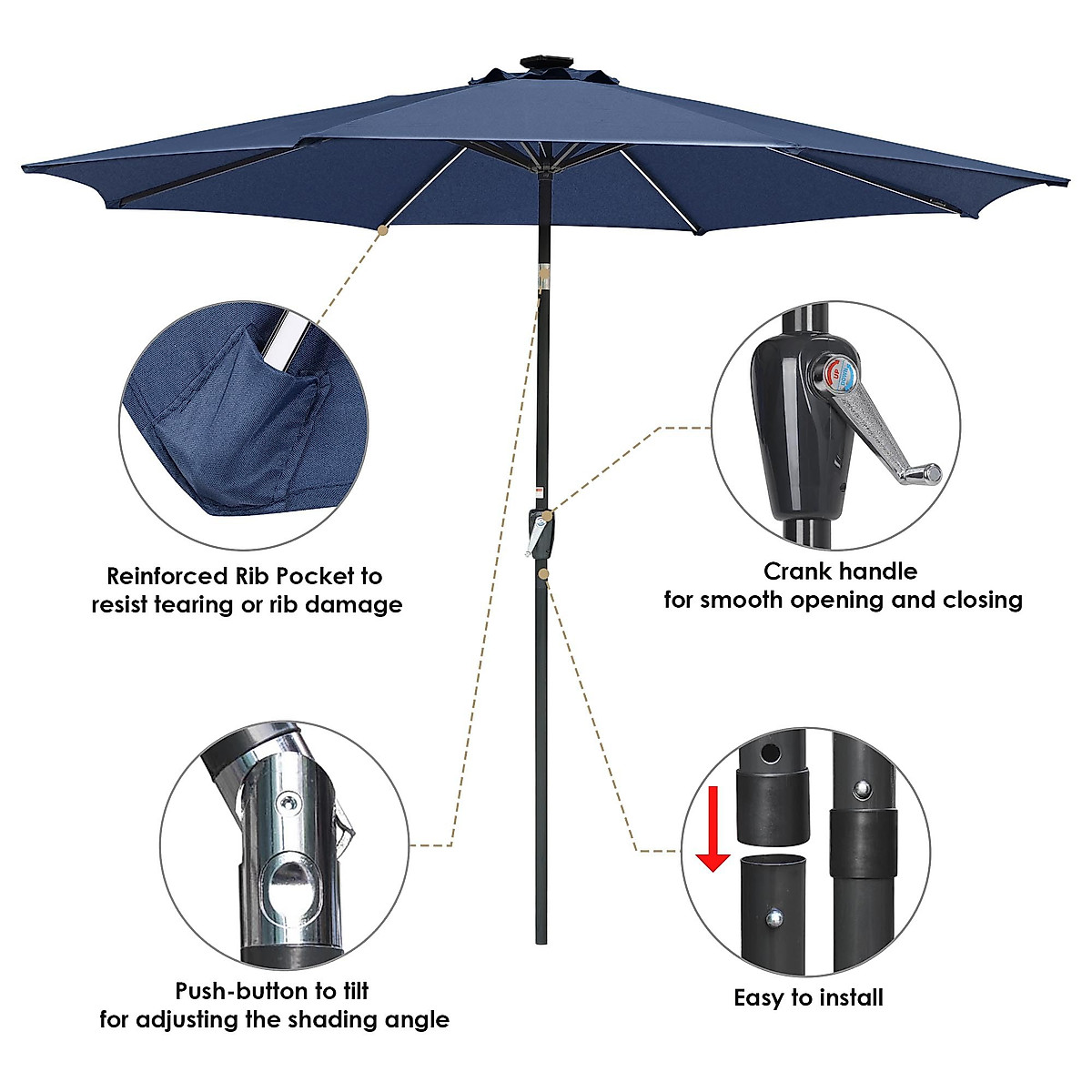 Yescom 9FT 8 Ribs Solar Powered Patio Umbrella with Tilt and Crank Outdoor Market Table Umbrella for Backyard Pool Night Party Event Yard Navy
