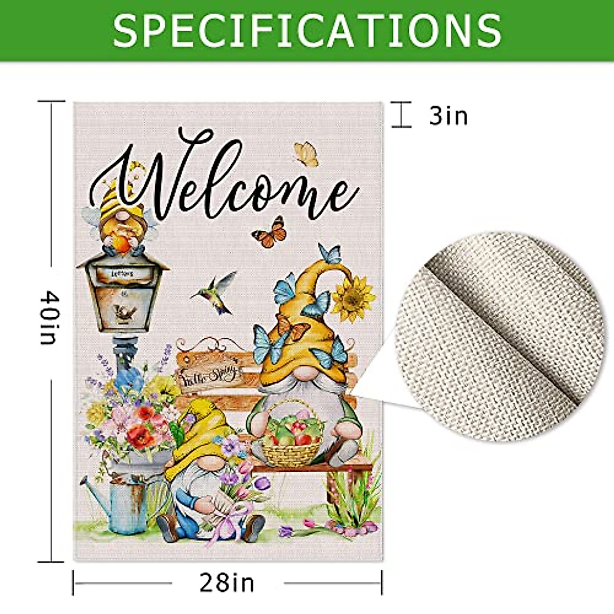 Spring Flag 28 X 40 Double Sided, Large Gnome Welcome Garden Flag for Outdoor, Decorative House Flag, Spring Summer Burlap Garden Gnome Decor, Farmhouse Seasonal Spring Garden Flag for Yard Outside