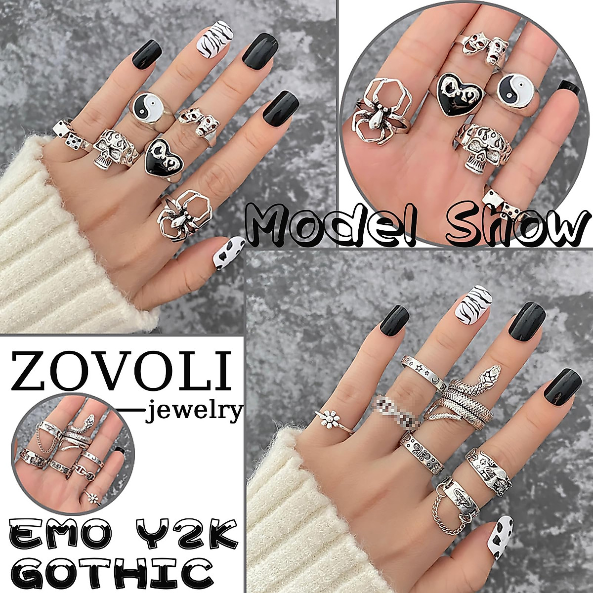 ZOVOLI 42-45PCS Vintage Sliver Goth Punk Rings Set for Women Men Cool Gothic Ring Pack Y2K Open Chunky Knuckle Emo Rings Skull Snake Flower Butterfly Trendy Stackable Rings for Gift (45PCS)