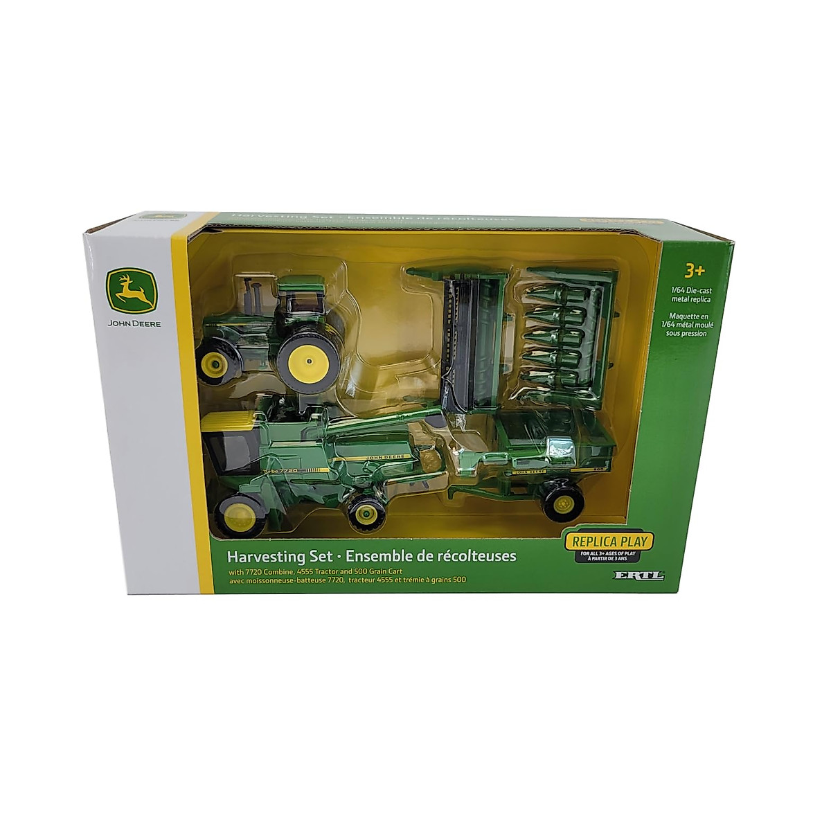 John Deere 1/64 Scale 5 pc Harvesting Set 4555 Tractor, 7720 Combine w/2 Heads, 500 Grain Cart