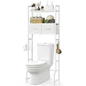 YBING Over The Toilet Storage, Over Toilet Bathroom Organizer with Drawer, Above Toilet Stand with Roll Holder and Hooks, Over Toilet Storage Shelf Cabinet, Wooden, White