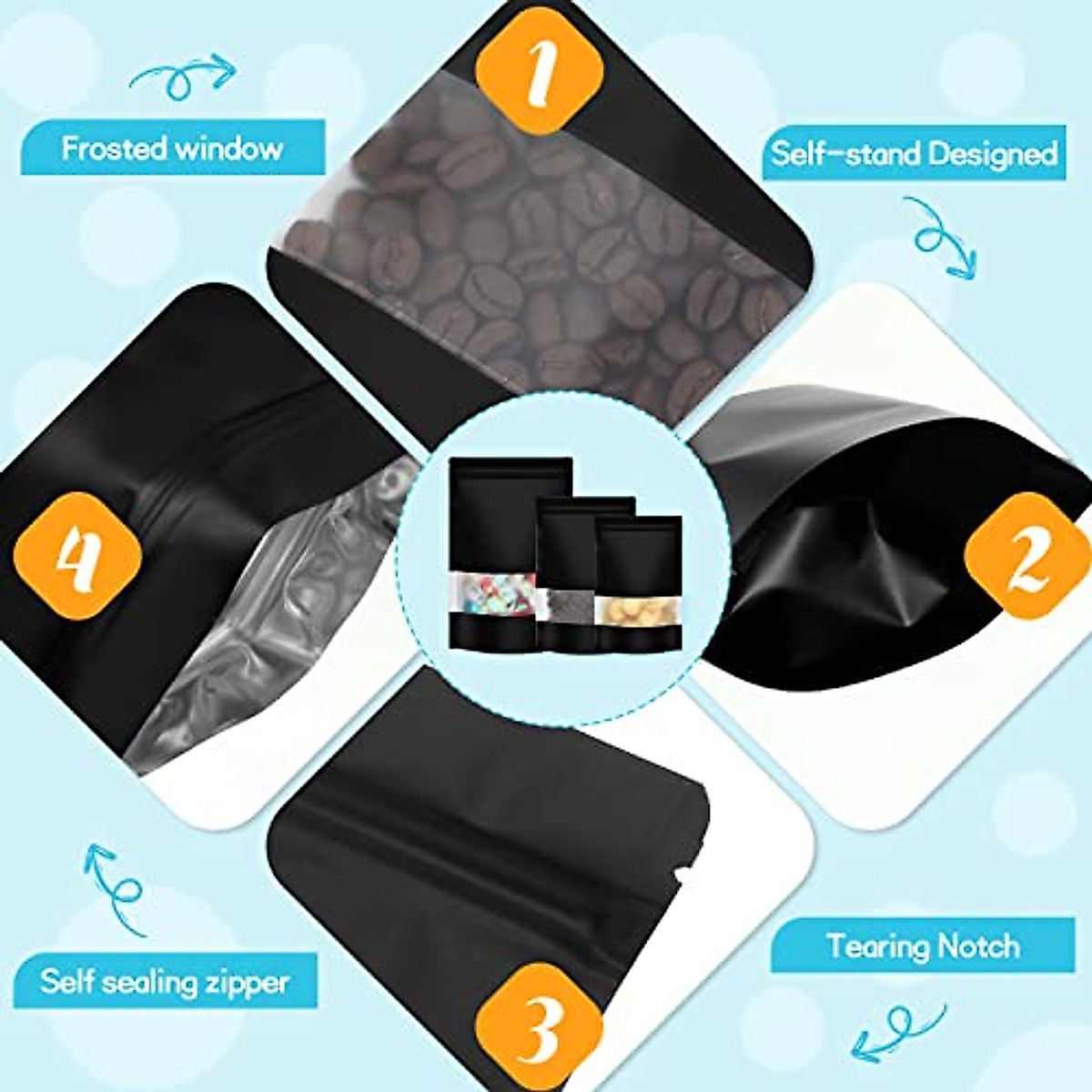 Estune 300 Pieces Matte Mylar Bags with Clear Front Window 3 Sizes Resealable Bags Stand up Sealable Bags for Packaging Pouch for Food Sample Snack Jewelry Storage, 3.5 x5, 4 x6 , 4.7 x7.9 (White)