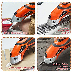 VOLLTEK Electric Cordless Scissor 4V li-ion Cutter Shears with 2 battery & 2 Pcs Cutting Blades Accessory for Cutting Fabric, Carpet and Leather ES3601 Orange
