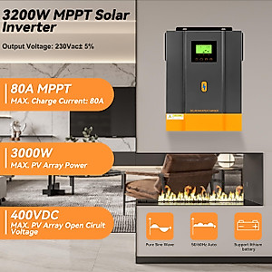 PowMr Solar hybrid Inverter 3200W 24VDC to 220-230VAC,Built in 80A MPPT Solar Charge Controller,Off-Grid Pure sine Wave Inverter,Work with 24V Lead Acid & Lithium Battery,Solar Power Utility Generator
