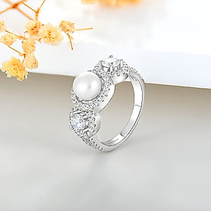 JO WISDOM Pearl Ring,925 Sterling Silver Cubic Zirconia Women's Rings with 7.5mm White Freshwater Cultured Pearl Ring size 7