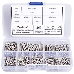 M3 Phillips Flat Head Screws Countersunk Bolts Nuts 304 Stainless Steel Nuts and Bolts Assortment Kit M3 x 6mm/ 8mm/ 12mm/ 16mm/ 20mm/ 25mm Metric Bolt Kit 260Pcs