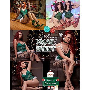 Avidlove Sexy Christmas Lingerie for Women Santa Bodysuit Lingerie with Garter Set Green S