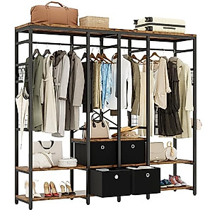 IRONCK Garment Racks with Shelves 4 Drawers and 8 Hooks Heavy Duty Closet Organizer for Hanging Clothes, Freestanding Closet Wardrobe Rack, Vintage Brown