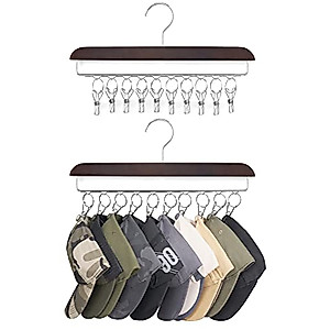 Mkono Hat Hangers for Closet Set of 2 Wooden Hat Organizer Racks for Baseball Caps with 20 Stainless Steel Clips, Baseball Hat Holder for Closet Storage, Fits All Caps, Walnut Color